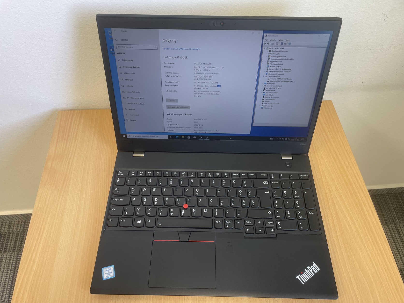 Lenovo ThinkPad T580 i5-8350U, 256 GB SSD, 8GB RAM , magyar bill ...