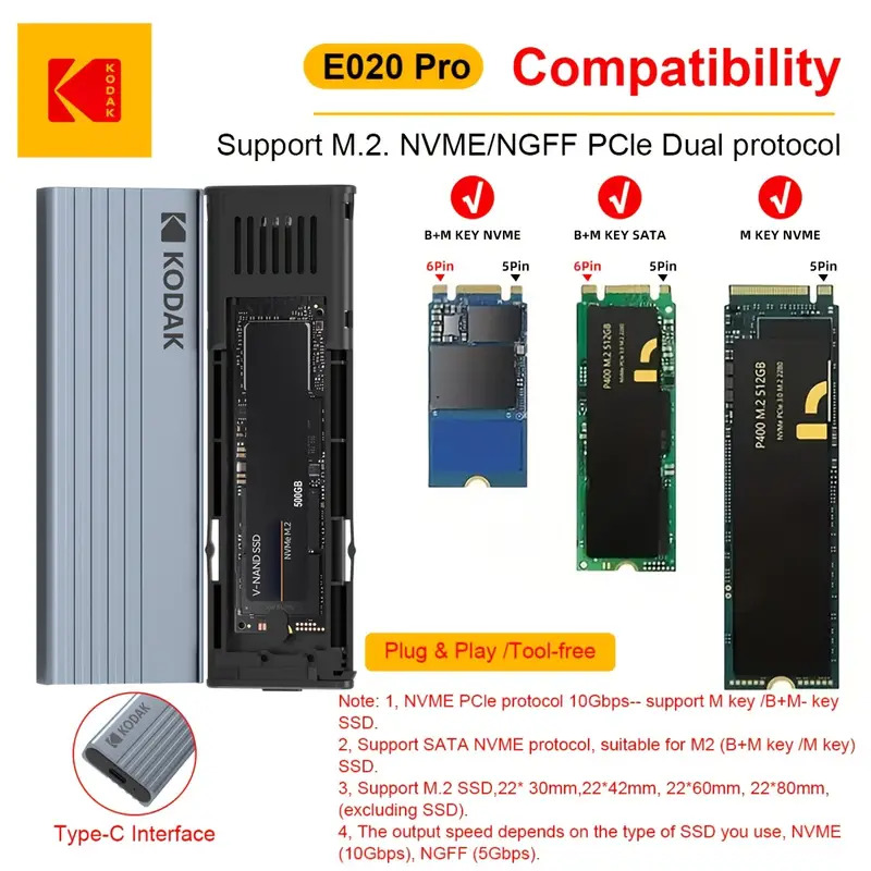M2.SSD házak ( KODAK E020 , KODAK E020 PRO, E010 ) , 2.5 HDD/SSD tokok ...