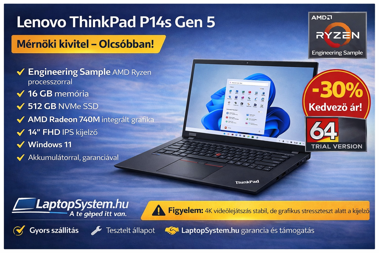 Lenovo ThinkPad P14s Gen 5 Ryzen 5 8540U / 16GB / 512GB 200.000 Ft ...